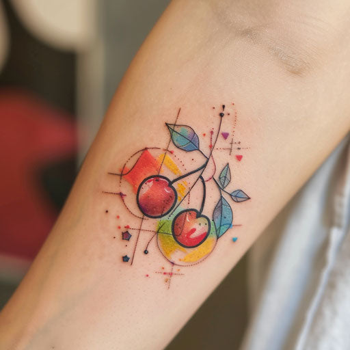 Geometric cherry tattoo with abstract shapes and vibrant colors – IMAGELLA