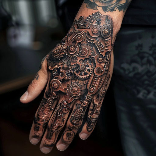 Men's hand tattoo with intricate mechanical gears – IMAGELLA