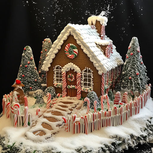 Gingerbread house surrounded by sugar-coated trees and a candy cane ...