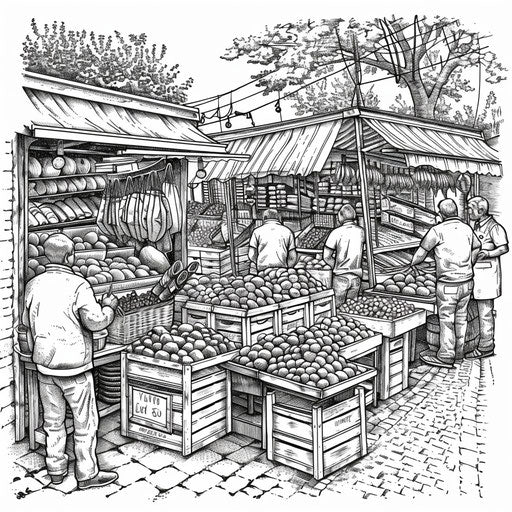 Vibrant market with joyful vendors and customers, coloring book – IMAGELLA