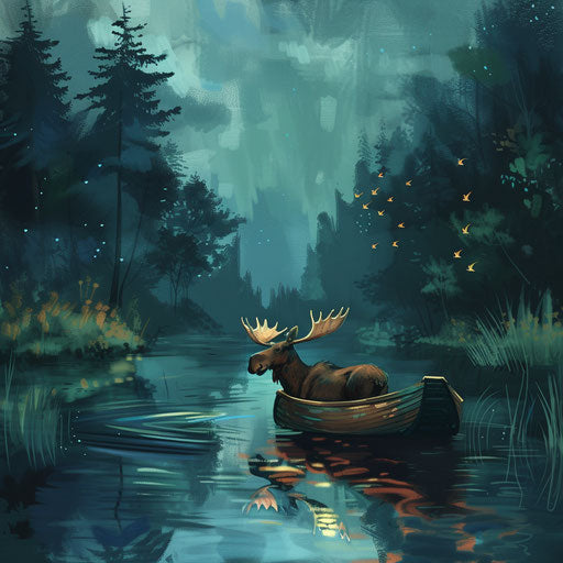 A moose in a boat, floating on a tranquil river – IMAGELLA
