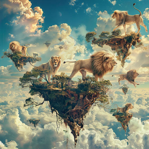 Floating lions on sky islands, reaching out – IMAGELLA