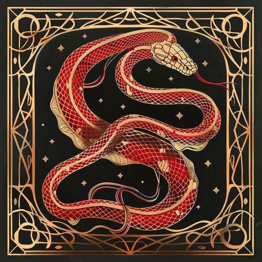 Stylized flat tattoo sketch of an Art Deco red snake – IMAGELLA