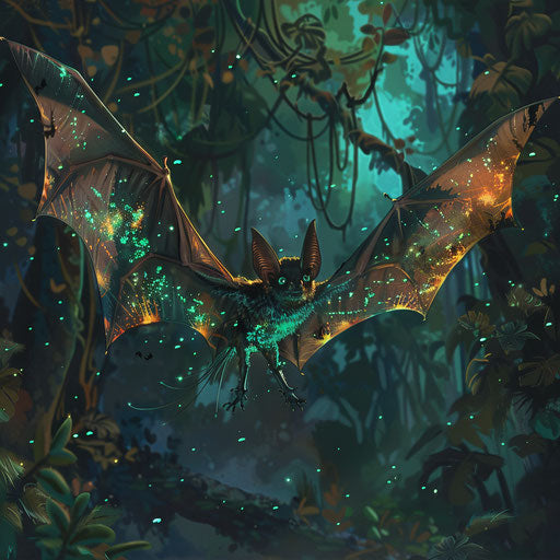 Bat with iridescent wings fluttering in a bioluminescent forest – IMAGELLA