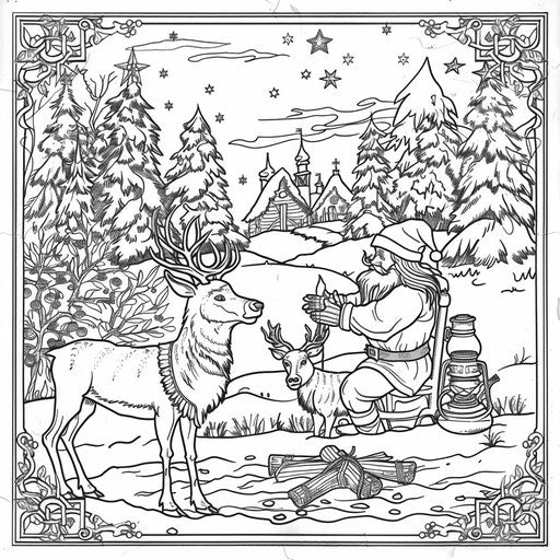 Christmas scene with Santa and reindeer in the style of a Jan Brett ...