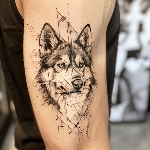 Modern flat tattoo sketch showcasing a husky with cool abstract shapes ...
