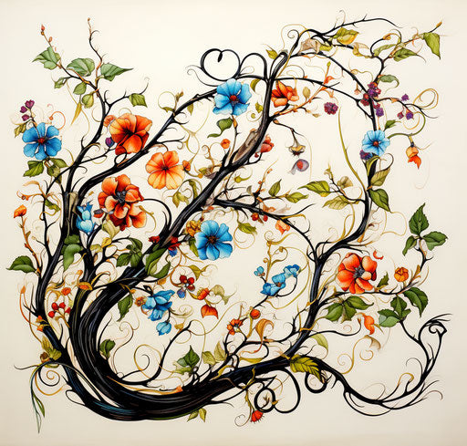 Drawn branches with a variety of flowers, queercore style, freehand ...