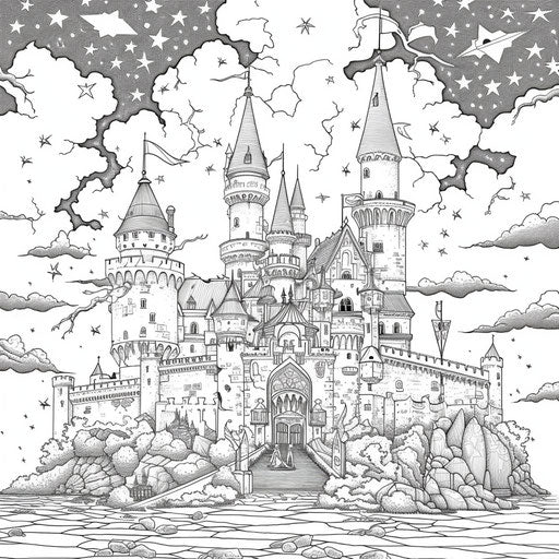 Enchanted castle with knights under a star-filled sky – IMAGELLA