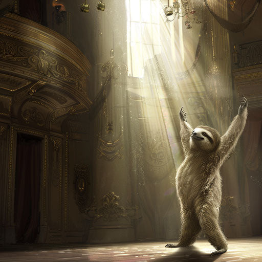 A sloth performing a delicate ballet dance in an old grand theater ...