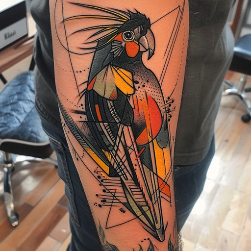 Artistic tattoo sketch of a yellow-tailed black cockatoo with abstract ...