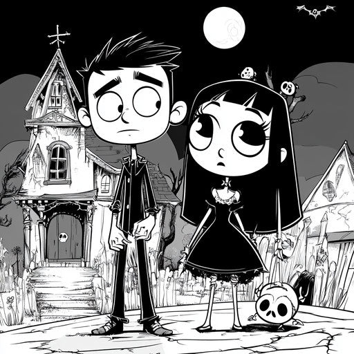 Gothic cartoon characters in a spooky adventure in the style of Butch ...