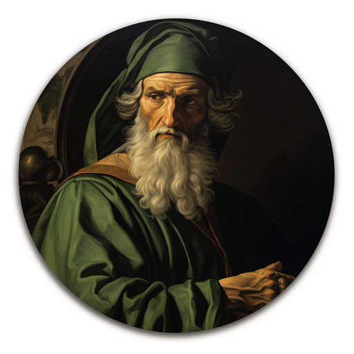 Round sticker depicting Saint Cassius, John Crome style, green and ...