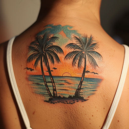 Vibrant tattoo of tropical scene with palm trees and sunset – IMAGELLA