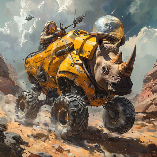 Rhino space explorer in futuristic rover on alien terrains – IMAGELLA