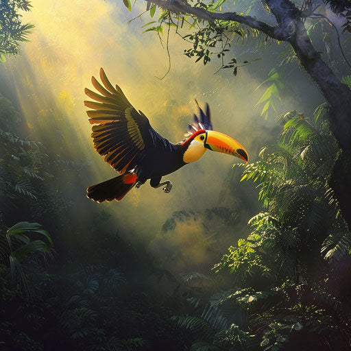 Toucan soaring over misty forest at dawn – IMAGELLA