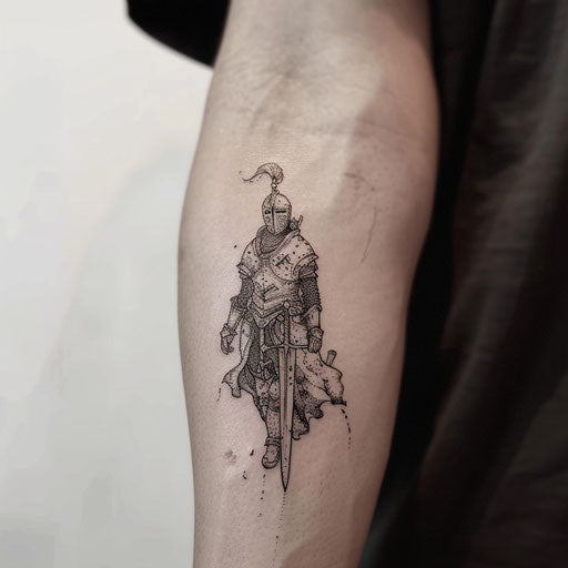 Detailed knight tattoo in the style of Adrian Smith – IMAGELLA