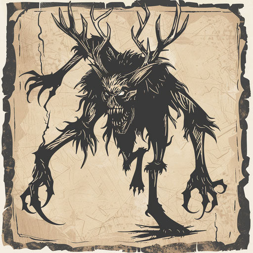 Rustic flat tattoo sketch of a Wendigo in a traditional woodcut style ...