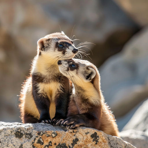 Two black-footed ferrets grooming each other on a warm, sunny rock ...