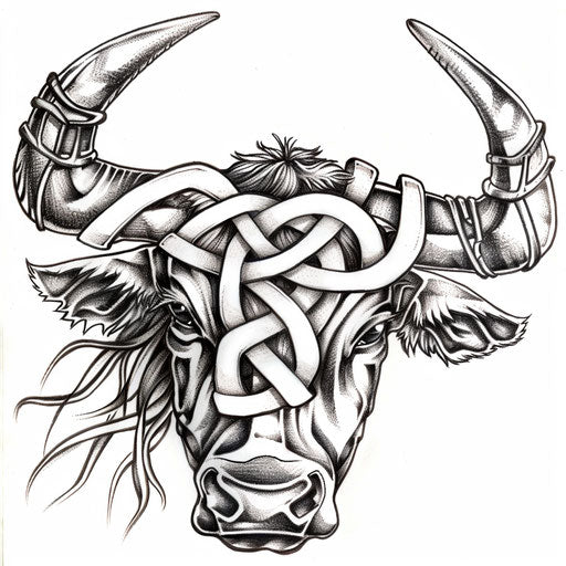 Celtic-inspired bull tattoo on bright white backdrop – IMAGELLA