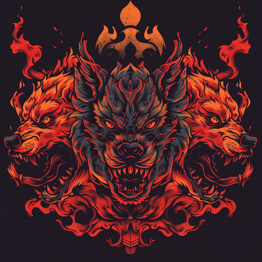 Intricate flat tattoo sketch of a Cerberus with three heads, fiery red ...