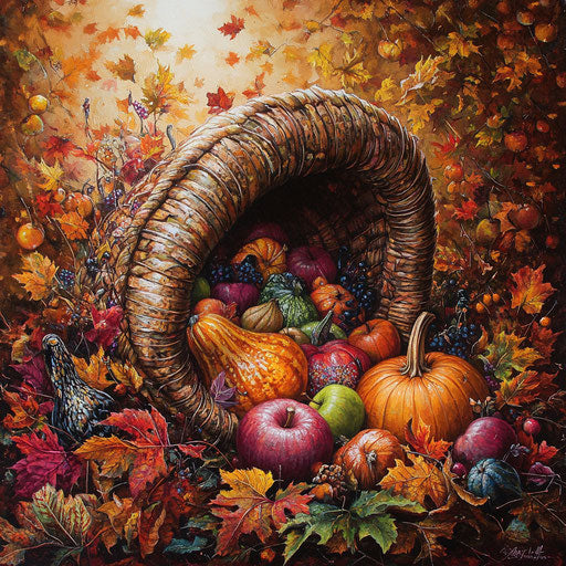 Golden cornucopia overflowing with pumpkins, squash, apples, and ...