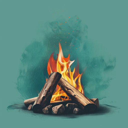 Realistic campfire illustration on flat teal background – IMAGELLA