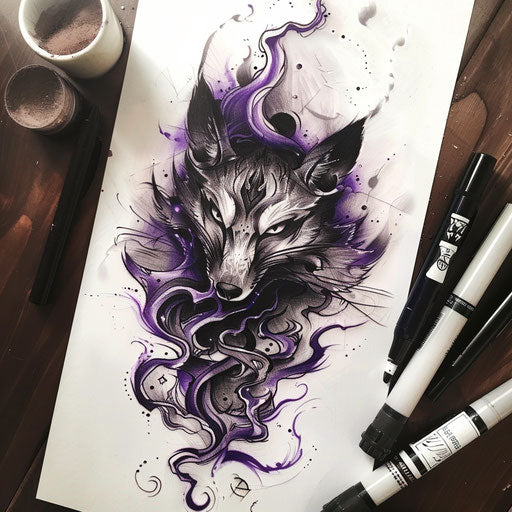 Gothic flat tattoo sketch of a kitsune in dark shades – IMAGELLA