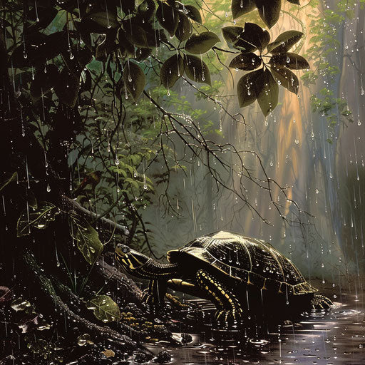 Stormy forest with a turtle sheltered under a leafy bush – IMAGELLA