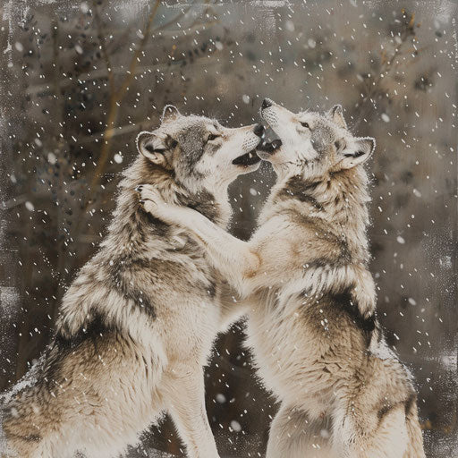 Wolves playing in the falling snow in the style of Simen Johan – IMAGELLA
