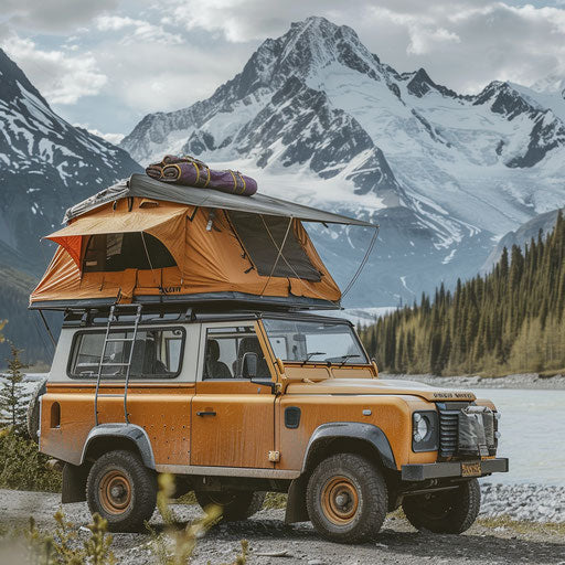 1980 Range Rover expedition vehicle against breathtaking mountain range ...