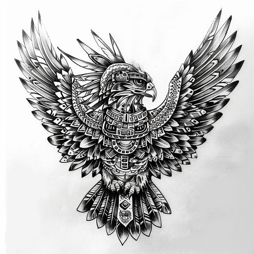 Sketch of a hawk tattoo with Aztec patterns and symbols on a pristine ...