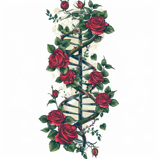 Romantic DNA tattoo sketch with red roses and green leaves – IMAGELLA