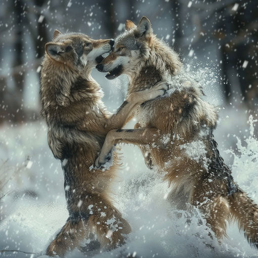 Wolves playing in the falling snow in the style of Simen Johan – IMAGELLA