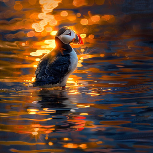 Puffin bird at dawn with golden light reflected on water – IMAGELLA