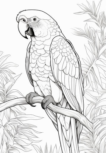 Parrot coloring page with branches, realistic detailed style – IMAGELLA