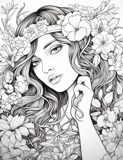 Girl flower garden, realistic portrait coloring pages – IMAGELLA