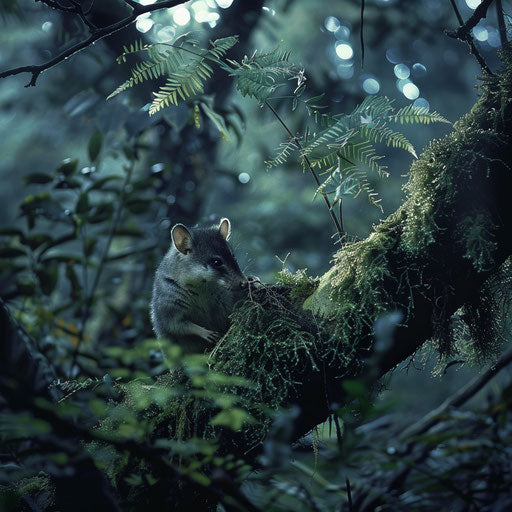A serene moment capturing a white-tail possum perched on a moss-covered ...
