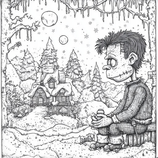 Festive Frankenstein in a winter scene, Jan Brett style, intricate and ...