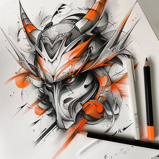 Futuristic tattoo sketch of a Tengu with metallic effects and modern ...