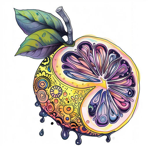 Flat tattoo sketch of a stylized lemon with psychedelic patterns and ...