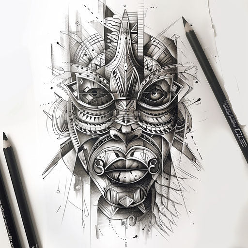 African mask tattoo design with fine lines and detailed shading – IMAGELLA