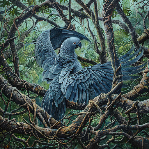 A Spix's macaw navigating through a maze of tree branches in the dense ...
