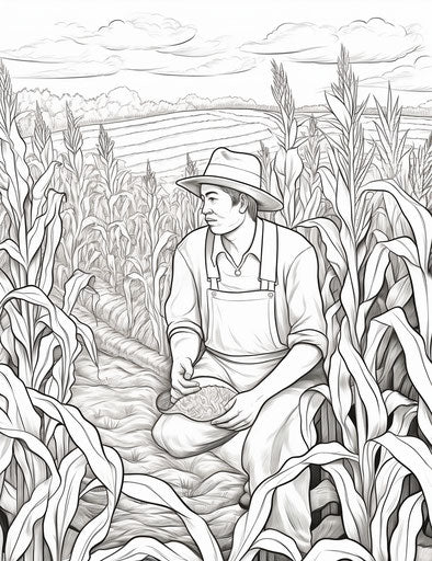Coloring page of a farm with wheat and corn field – IMAGELLA