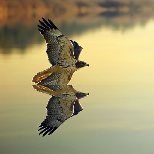 Solitary hawk flying low over serene lake, reflection at dusk – IMAGELLA