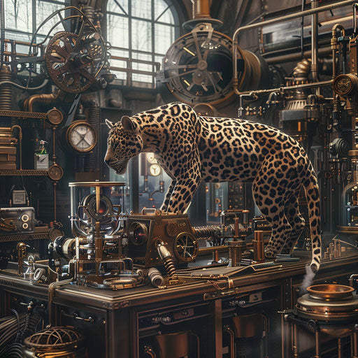 Steampunk laboratory with mechanical leopard in progress – IMAGELLA