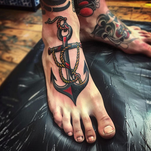 Foot tattoos in the style of Sailor Jerry with an anchor and rope ...