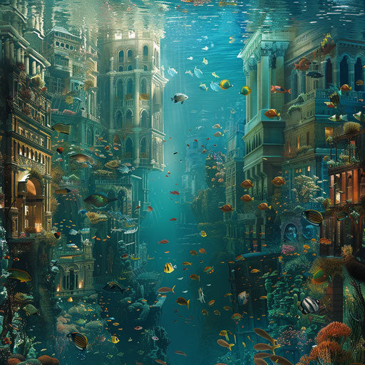 An underwater city populated by fish, each building and street teeming ...