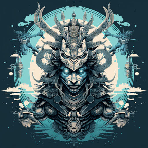 Samurai inspired art, dark cyan and light black, cartoon style – IMAGELLA