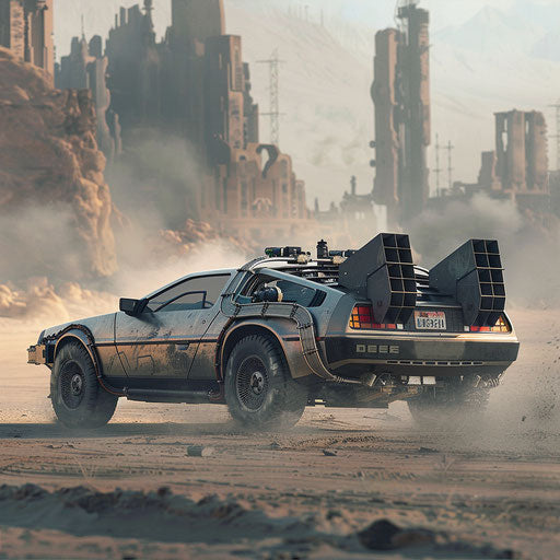 Modified DeLorean DMC-12 speeding in post-apocalyptic wasteland – IMAGELLA