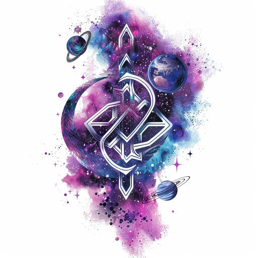 Surreal flat tattoo sketch of a rune floating amidst cosmic stars and ...